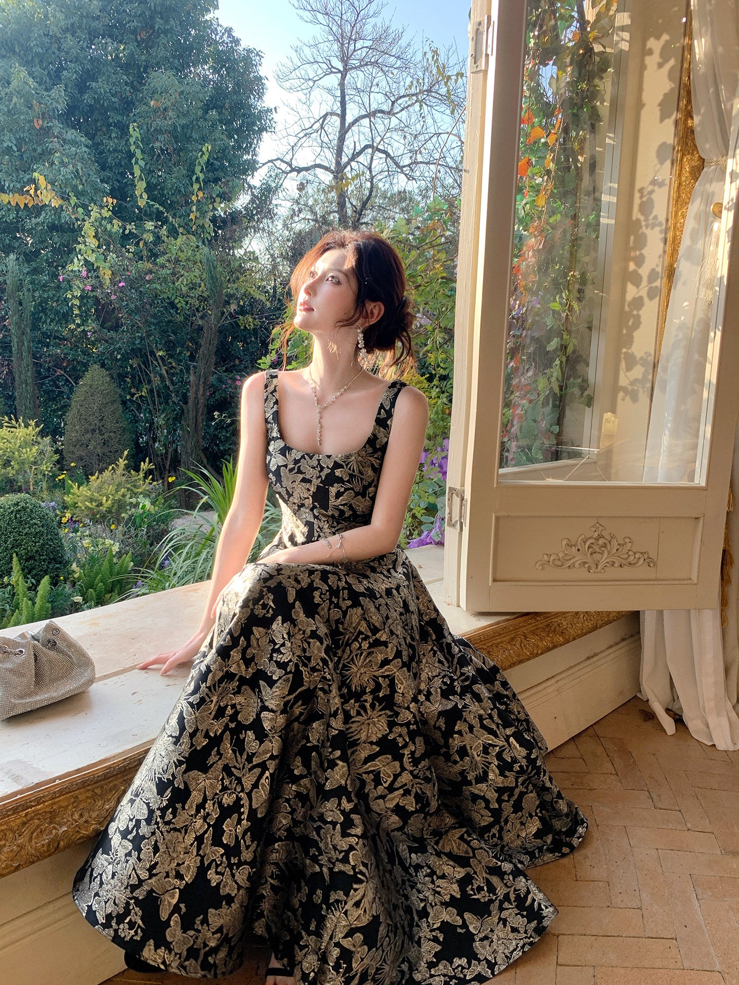 French Retro A Line Black Prom Dress Gold Jacquard Birthday Gown L50 ...